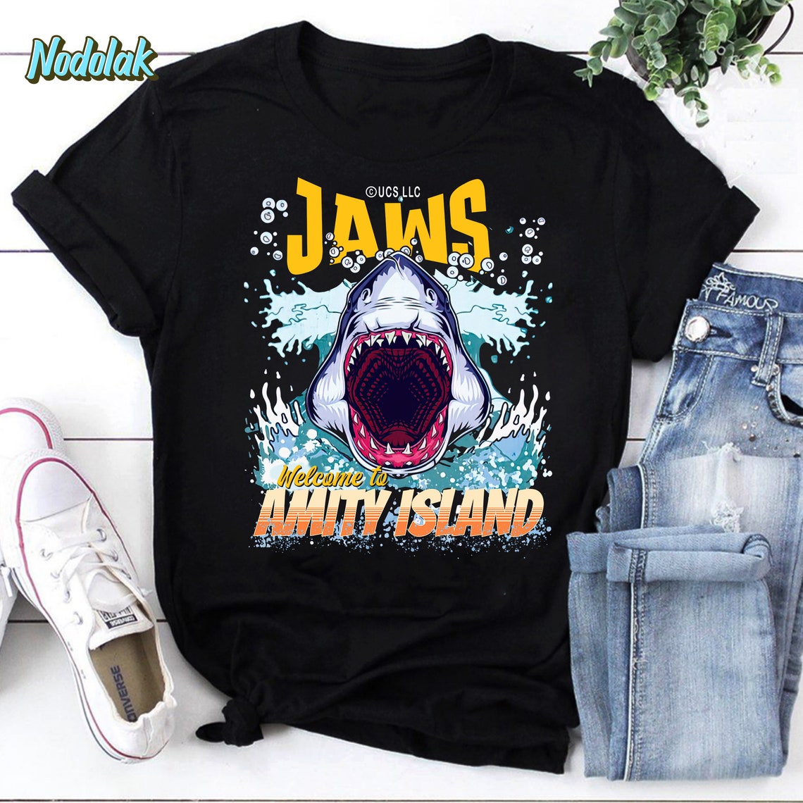 Jaws Fan Art Welcome to Amity Island Quint’s Shark Fishing Vintage T ...