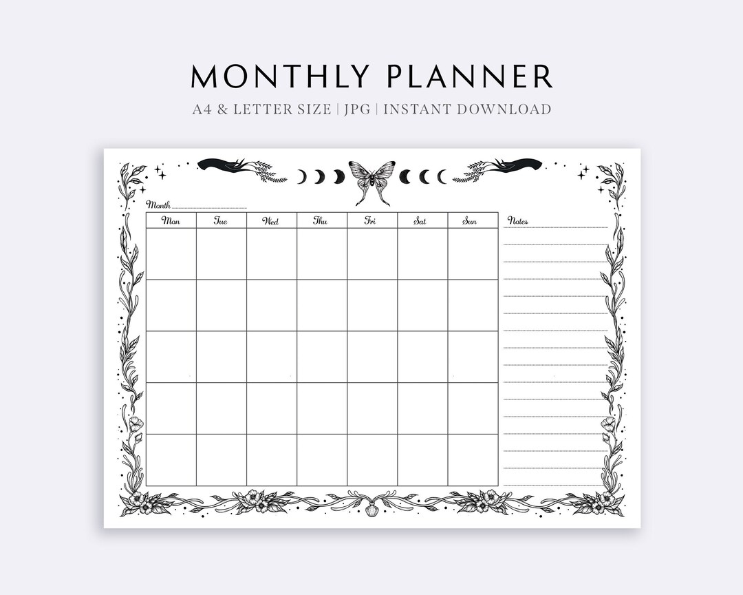 Monthly Planner Printable, Witchy Calendar, Undated, Monthly Agenda ...