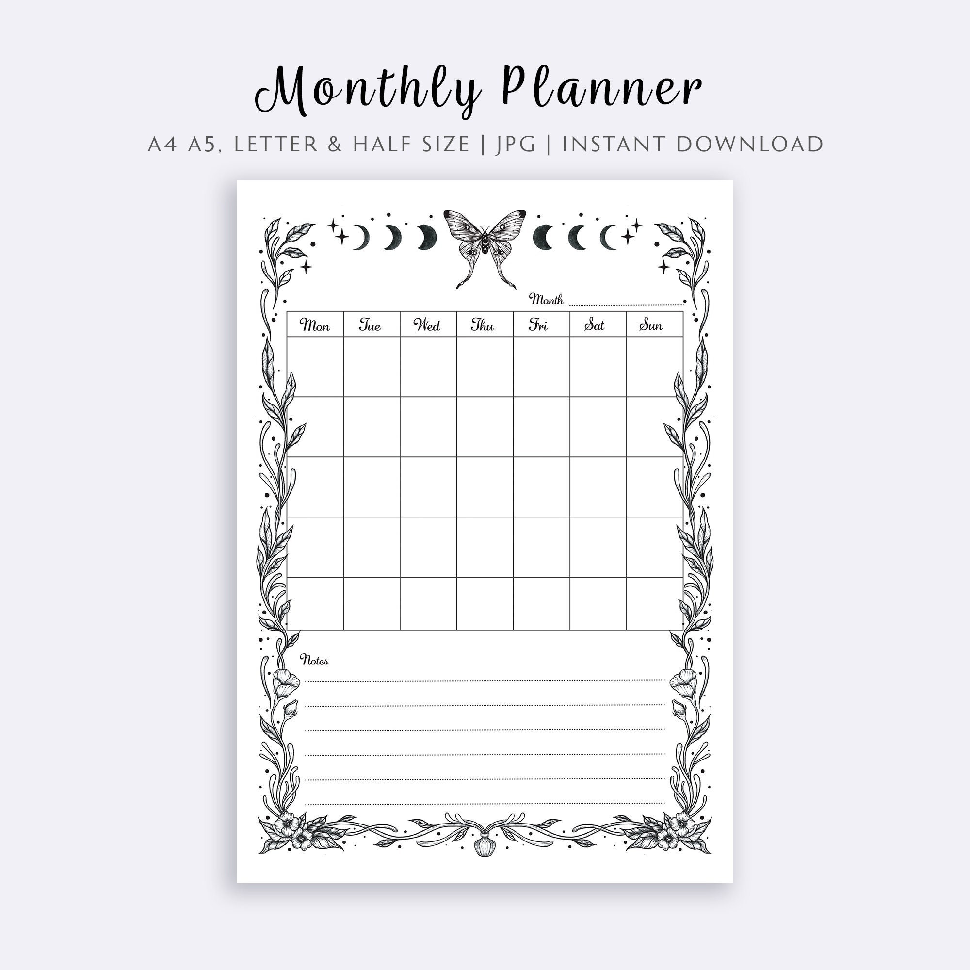 Monthly Planner Printable, Witchy Calendar, Undated, Monthly Agenda ...