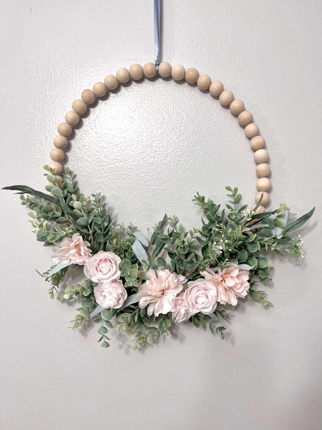 Wood Beaded Wreath With Blush Flowers Natural Wreath Minimalist Wreath ...