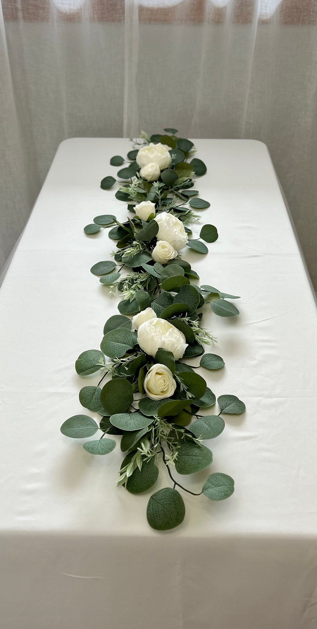 White Roses Sage Eucalyptus Greenery Table Runner Table Garland Wedding ...
