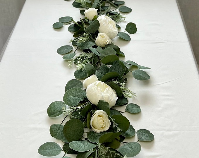 White Roses Sage Eucalyptus Greenery Table Runner Table Garland Wedding ...
