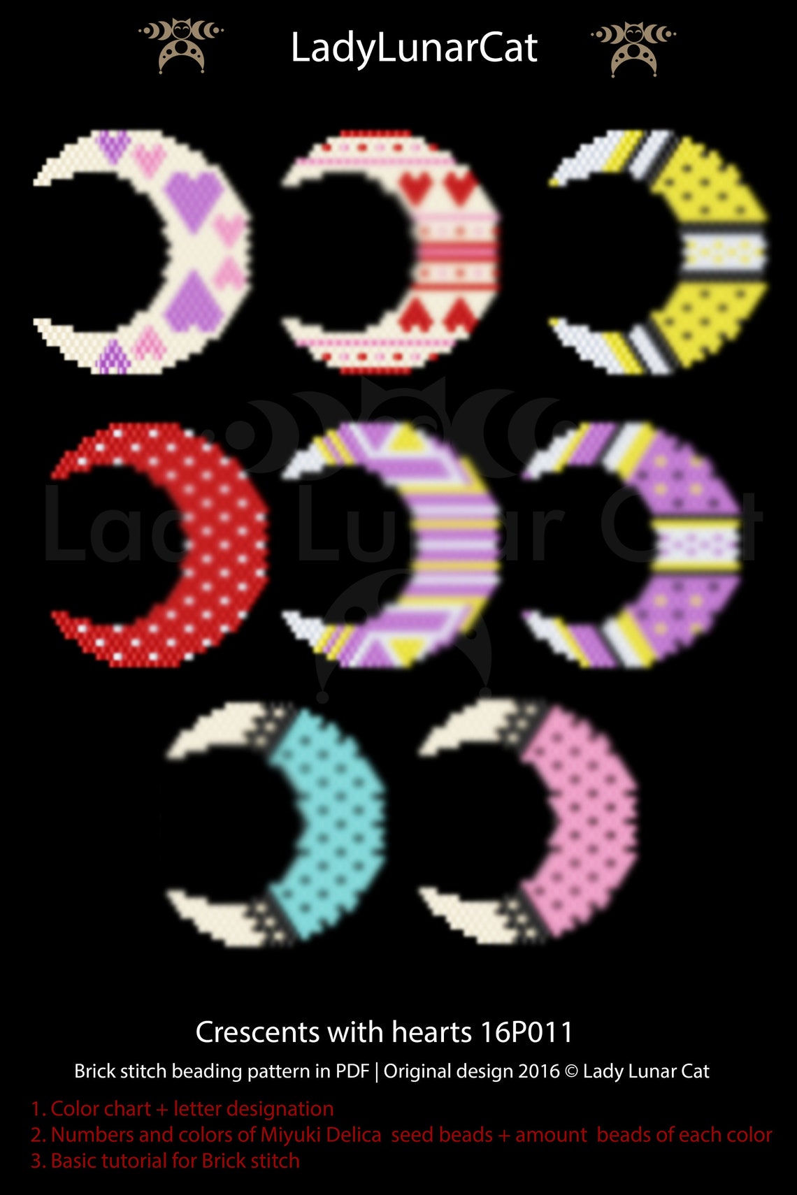 Moon Brick Stitch Pattern for Beading Crescents With Hearts - Etsy
