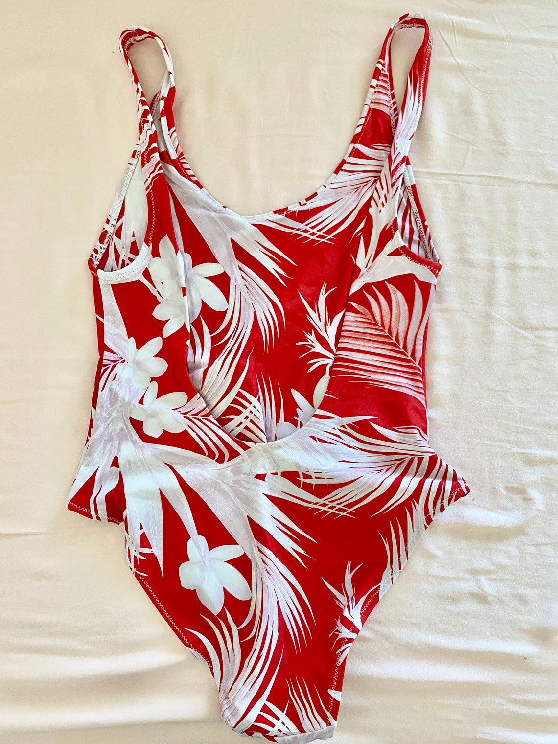 Vintage Palm Tree Tropical Print One Piece Swimsuit, Red Swimsuit, Low ...