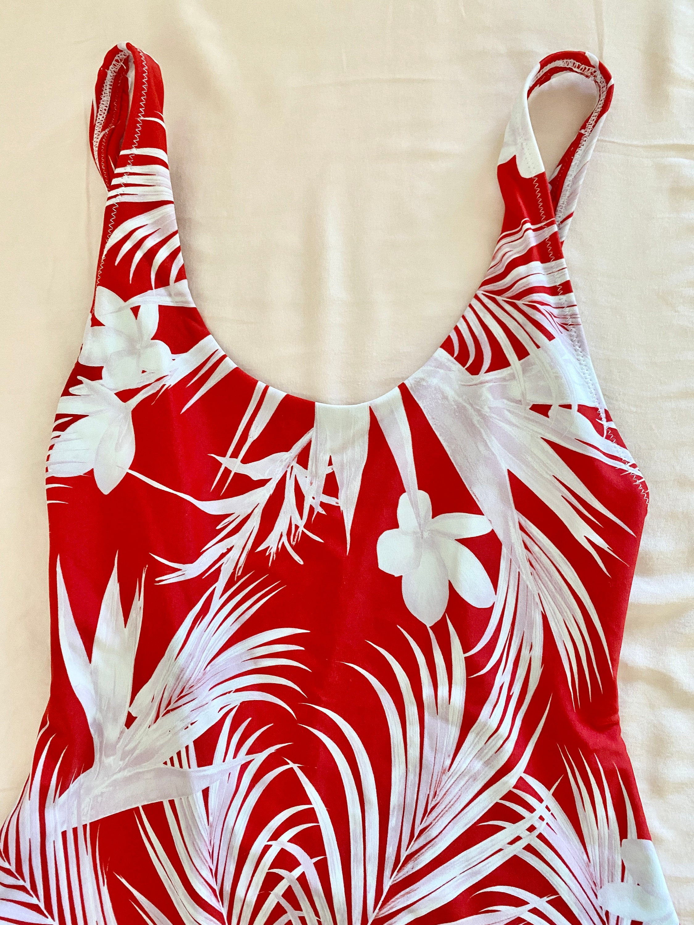 Vintage Palm Tree Tropical Print One Piece Swimsuit, Red Swimsuit, Low ...
