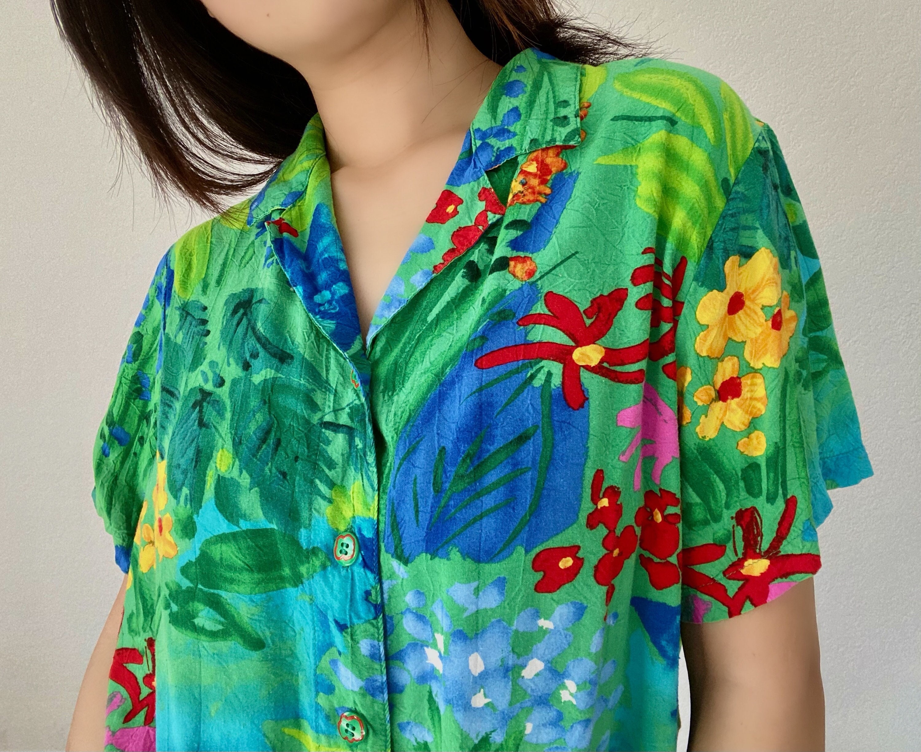 Vintage Colorful Floral Painting Shirt, Short Sleeve Blouse, Wild ...