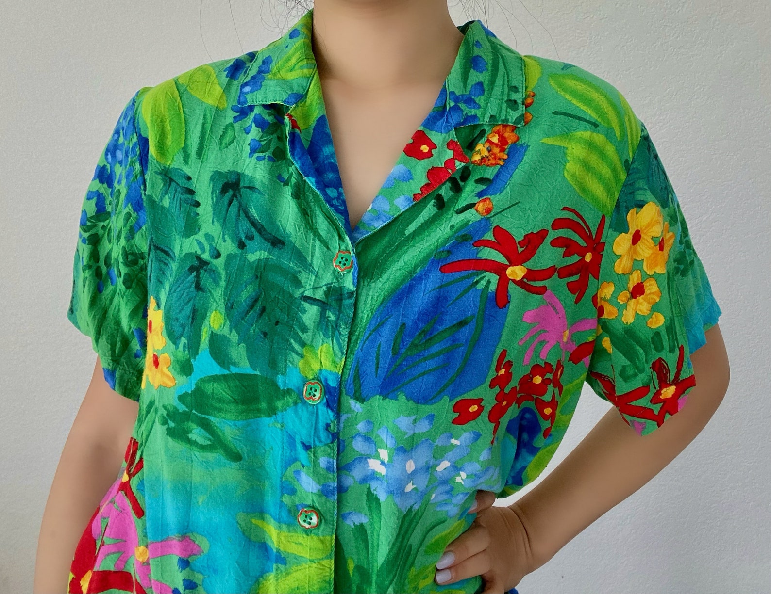 Vintage Colorful Floral Painting Shirt, Short Sleeve Blouse, Wild ...