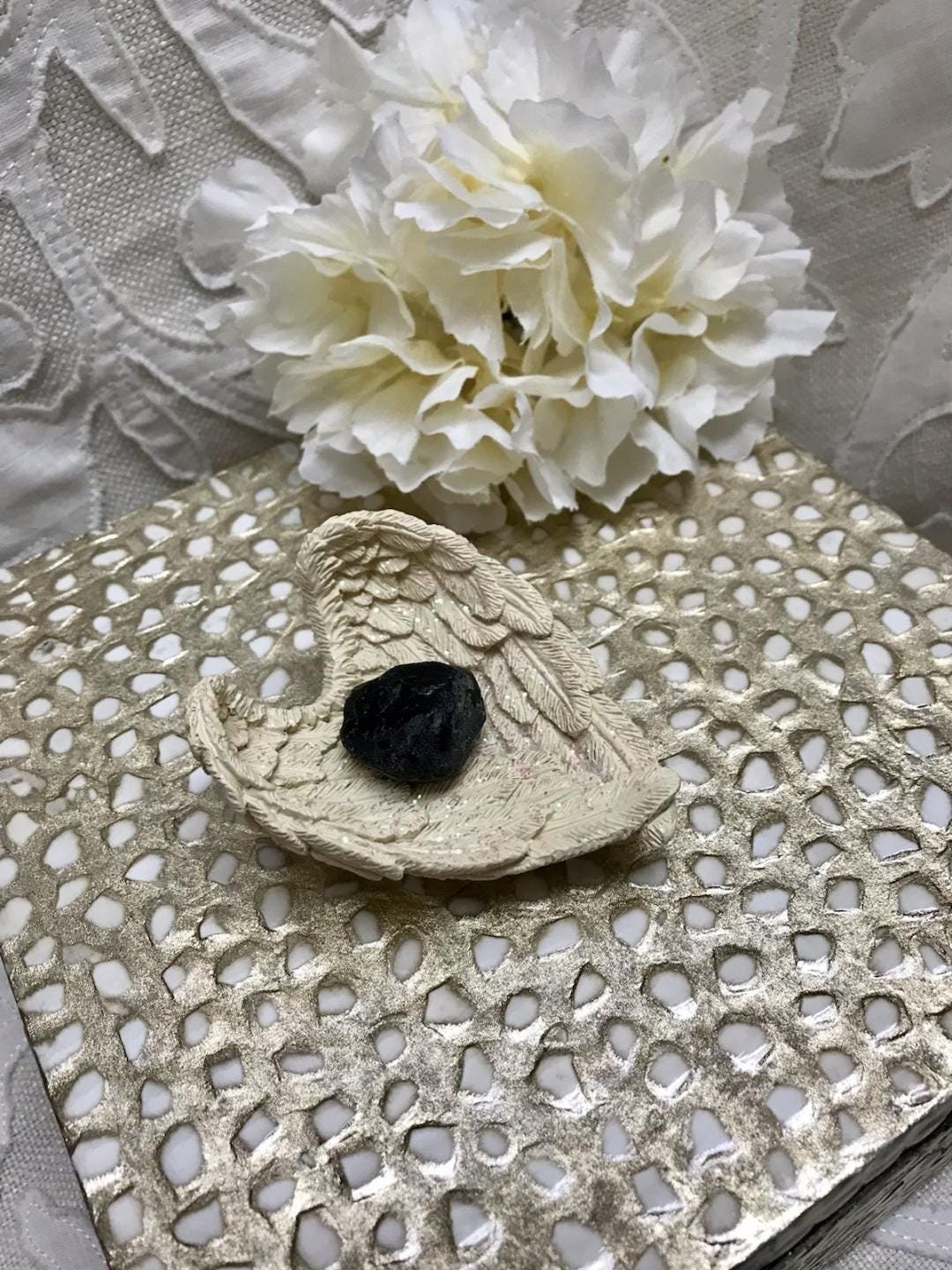 Sympathy Gift Angel Wings Heart Trinket Dish Obsidian Apache Tears ...