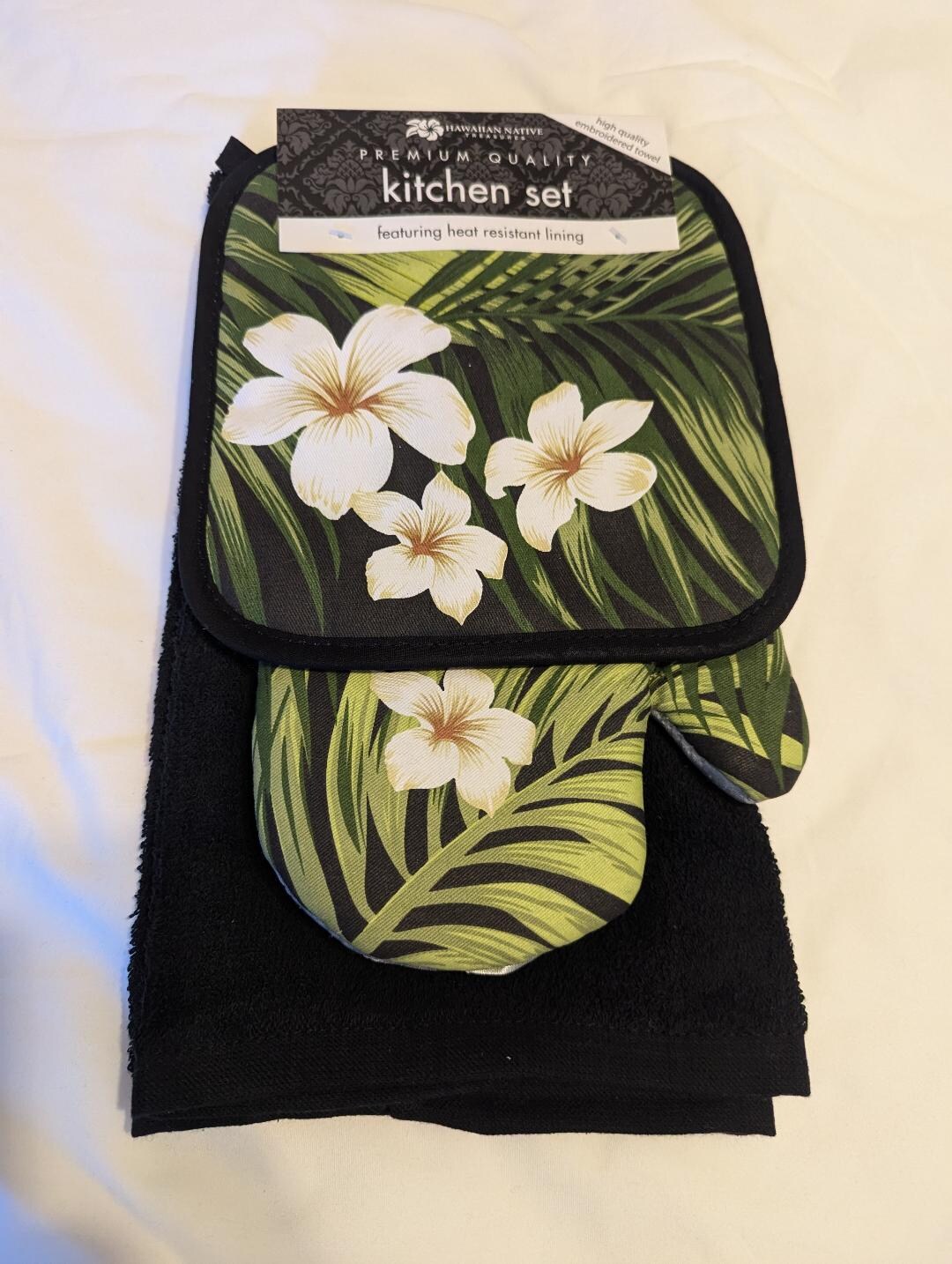 Tropical Plumeria Palm Kitchen Set – 3-piece Cotton Towel, Potholder ...
