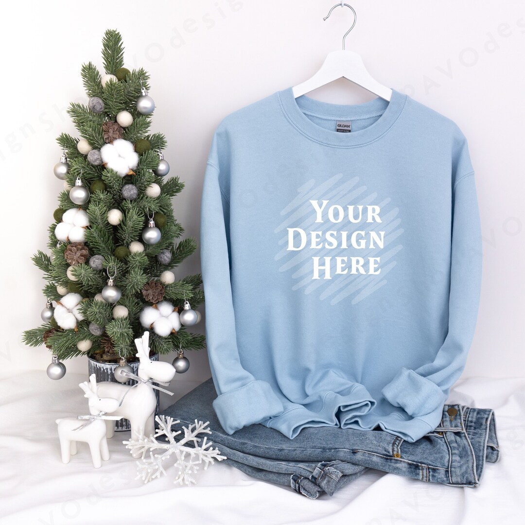 Gildan 18000 Light Blue Winter Mockup for Christmas, Light Blue ...