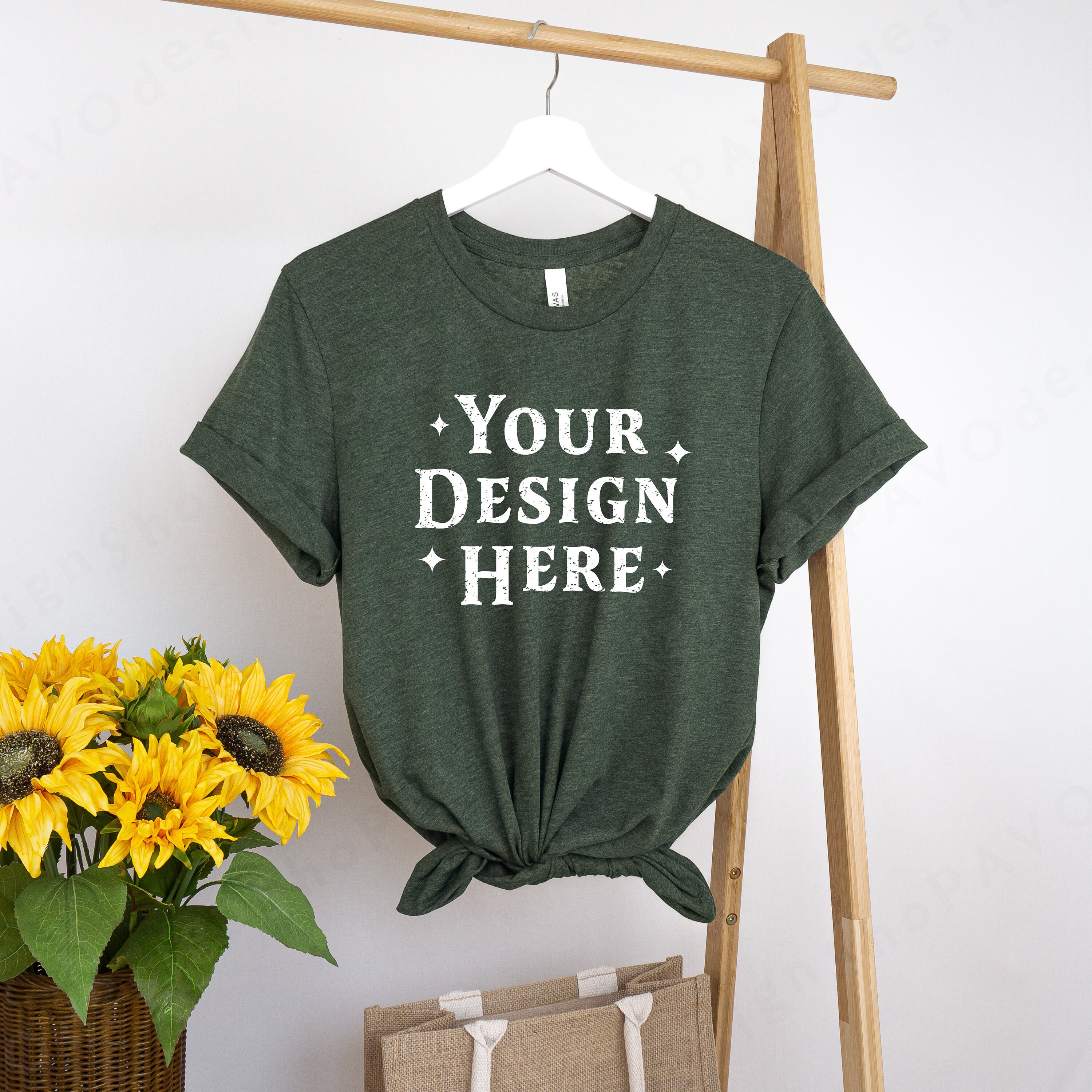 Bella Canvas 3001 Heather Forest Mockup With Sunflower, 3001 Heather ...