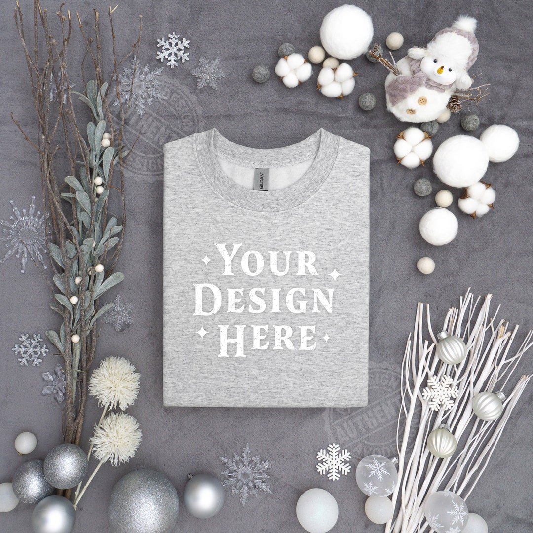 Gildan 18000 Ash Christmas Mockup, Ash Unisex Adult Crewneck Sweatshirt ...