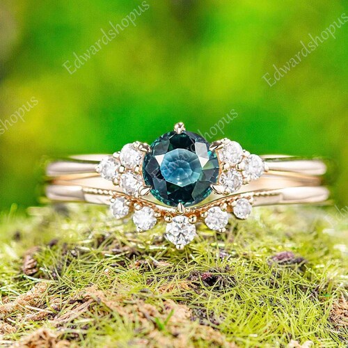 Blue Green Sapphire Engagement Ring Vintage Women Cluster - Etsy
