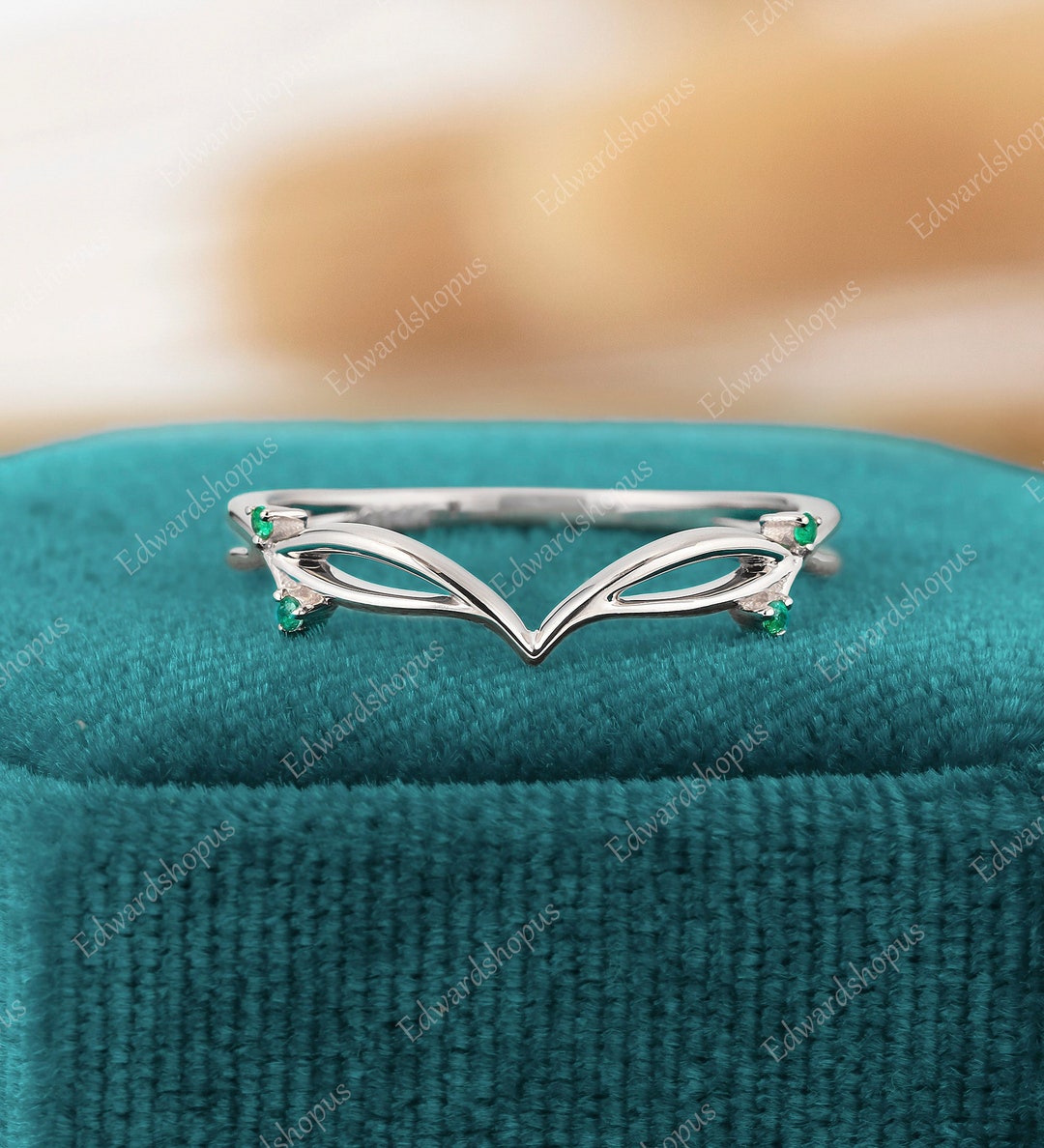 Emerald Wedding Band Curved Wedding Band Women Vintage Art Deco White Gold Stacking Match Unique