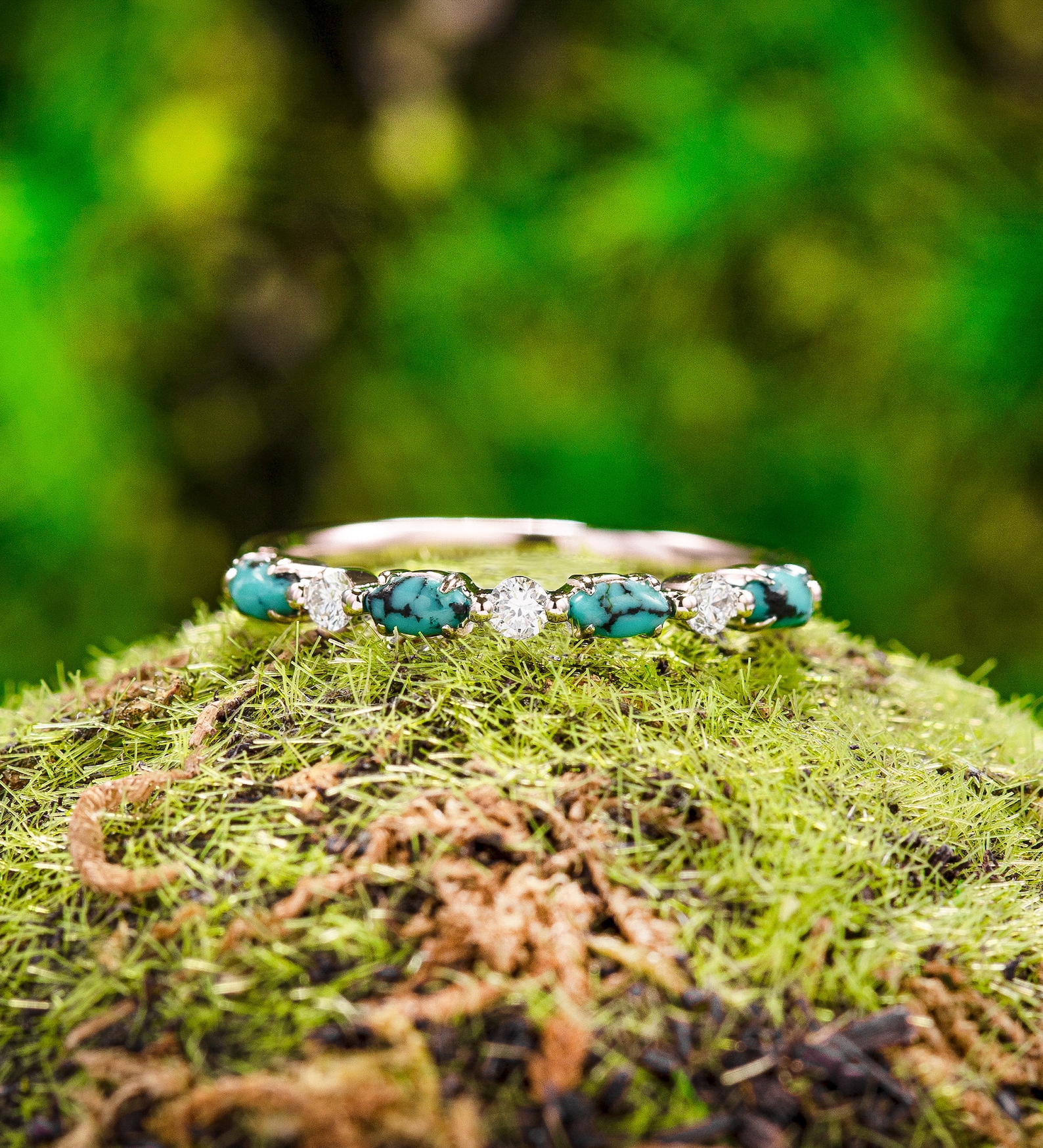 Turquoise Wedding Band Women Vintage Moissanite Half Eternity Rose Gold ...