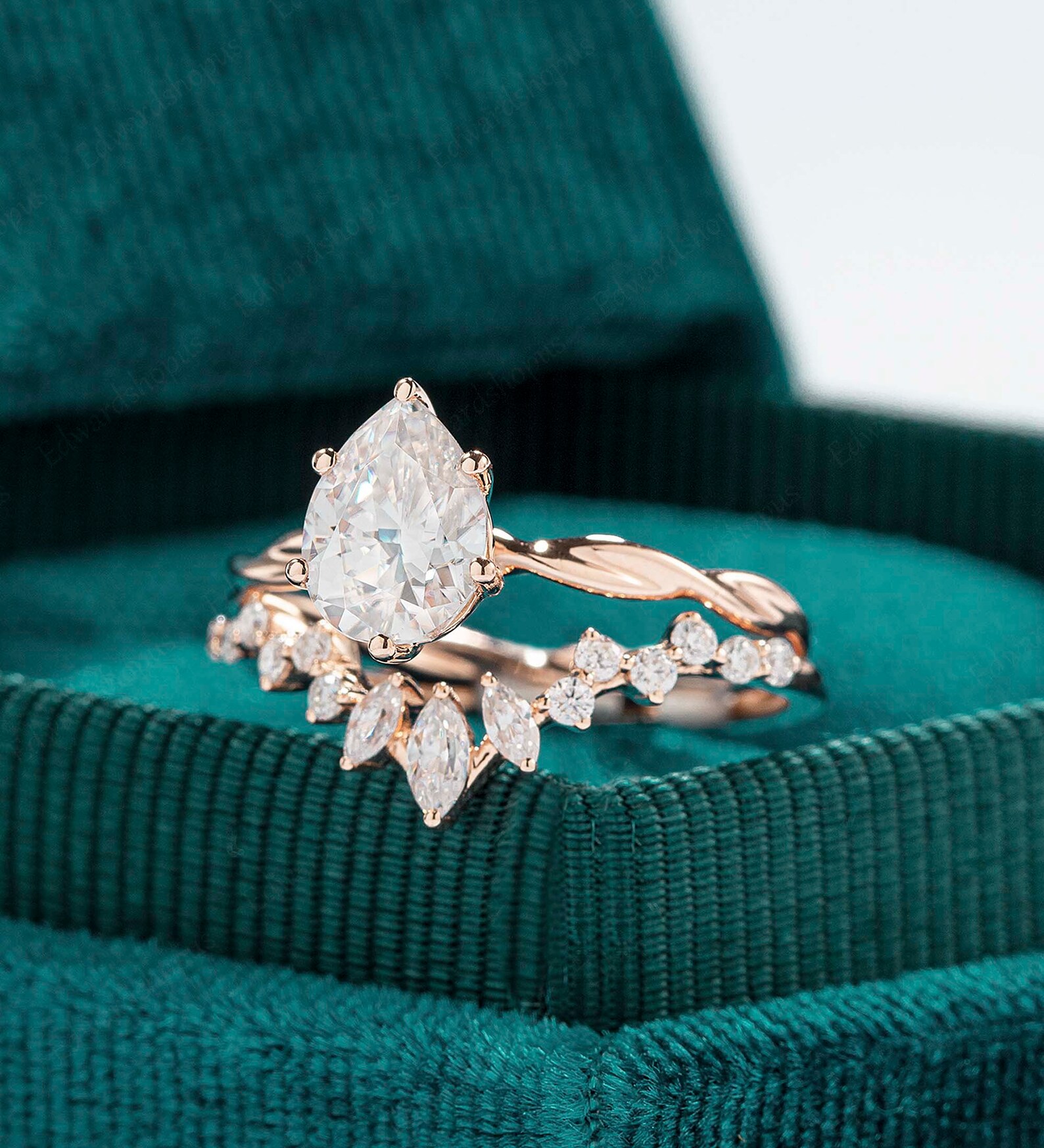 Unique engagement ring set vintage moissanite pear shaped rose | Etsy