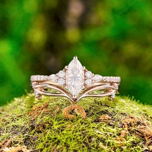 Vintage Moissanite Engagement Ring Set Marquise Cut Vintage Rose Gold ...