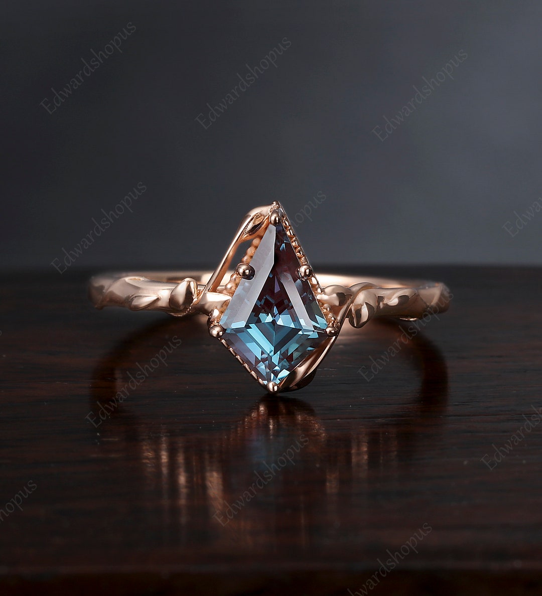 Kite Cut Alexandrite Engagement Ring, Unique Ring, Vintage Leaf Ring ...