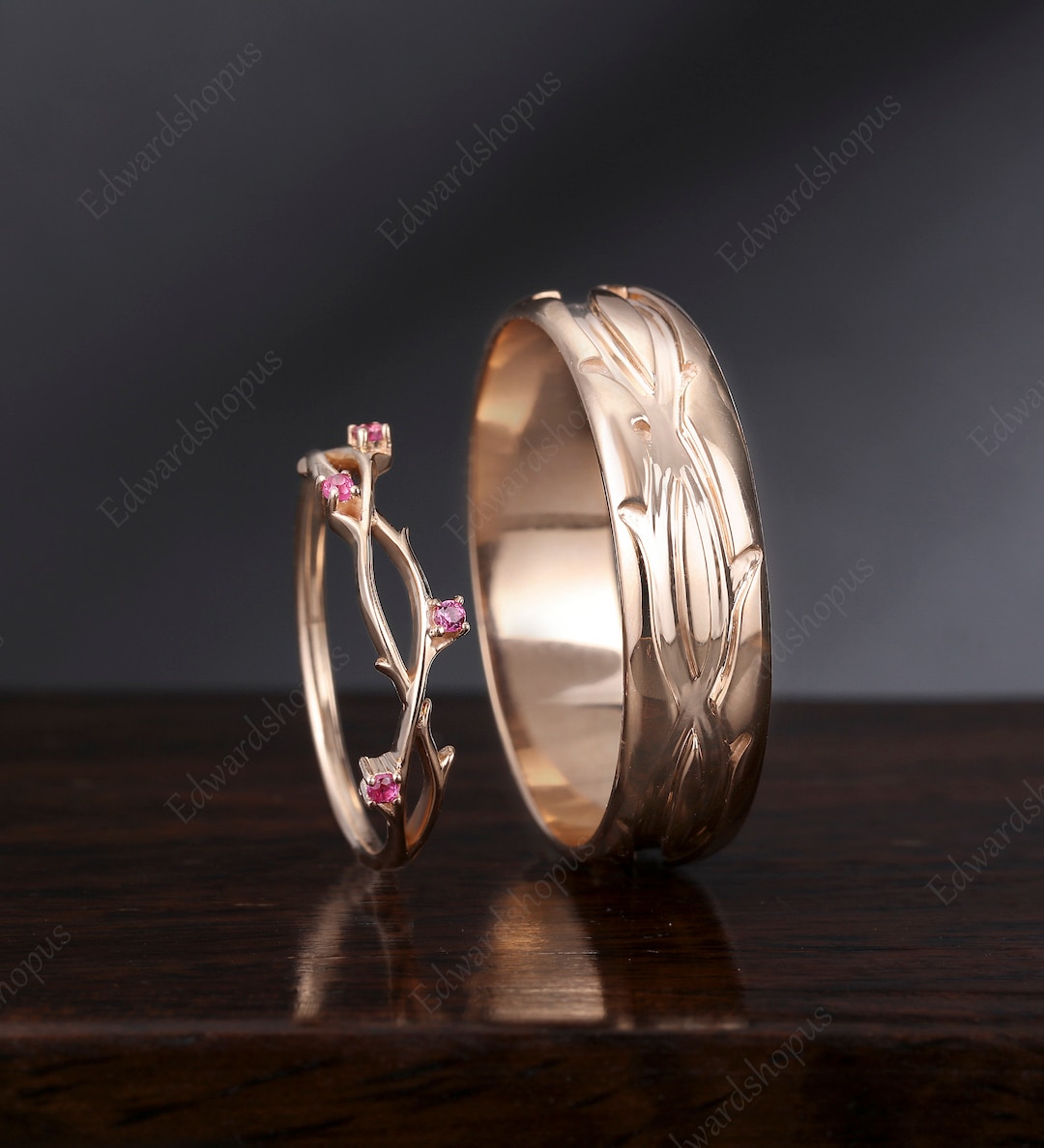Couples Ring Set for Men and Women Ruby Wedding Ring Set Men Comfort ...