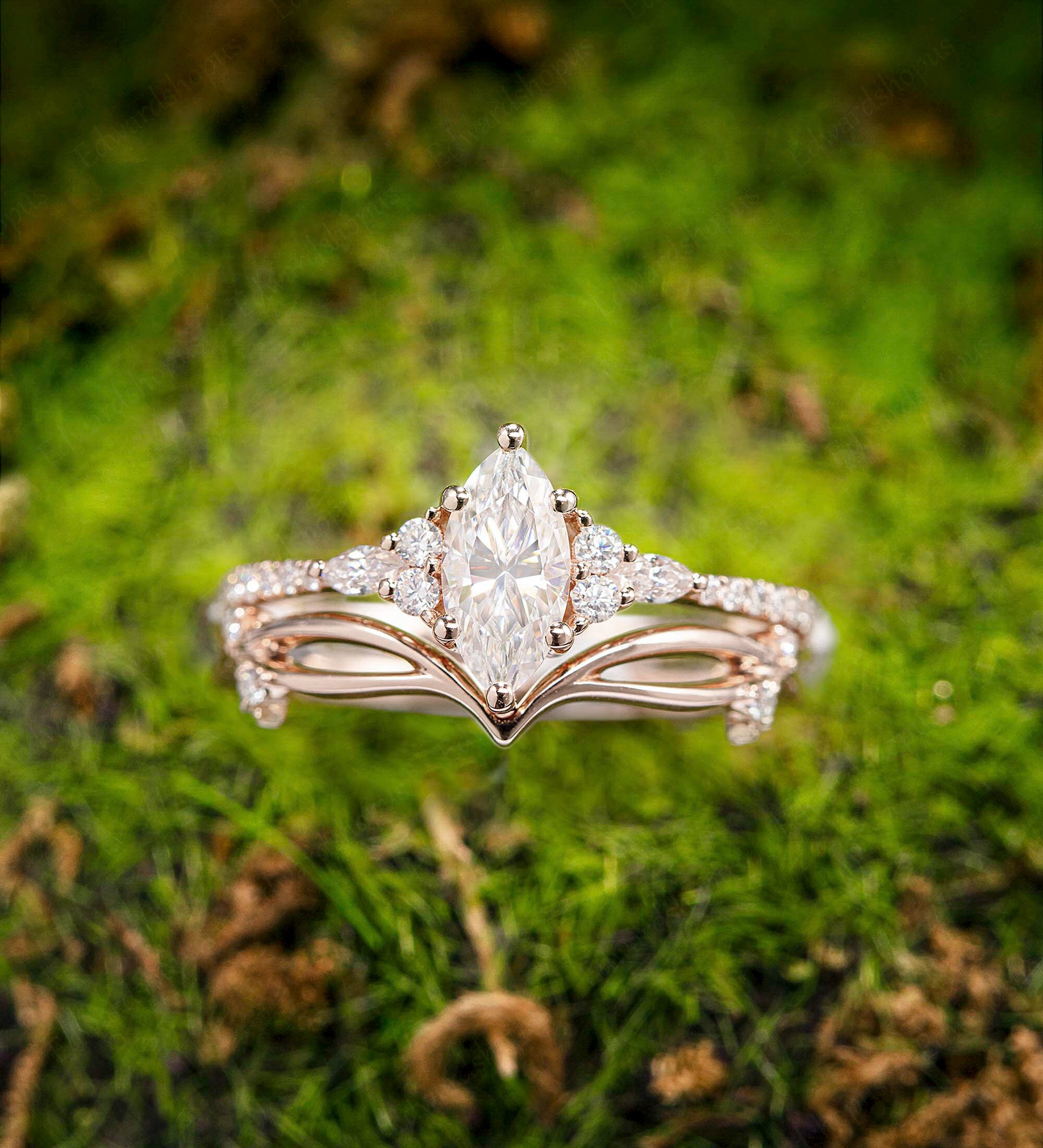 Vintage Moissanite Engagement Ring Set Marquise Cut Vintage - Etsy