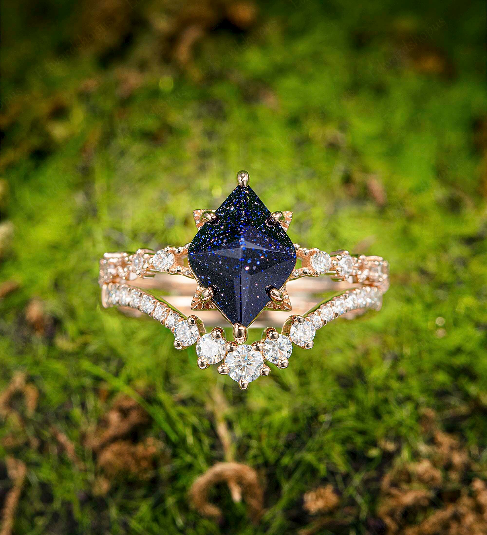 Blue Sandstone Engagement Ring Set Unique Engagement Ring | Etsy