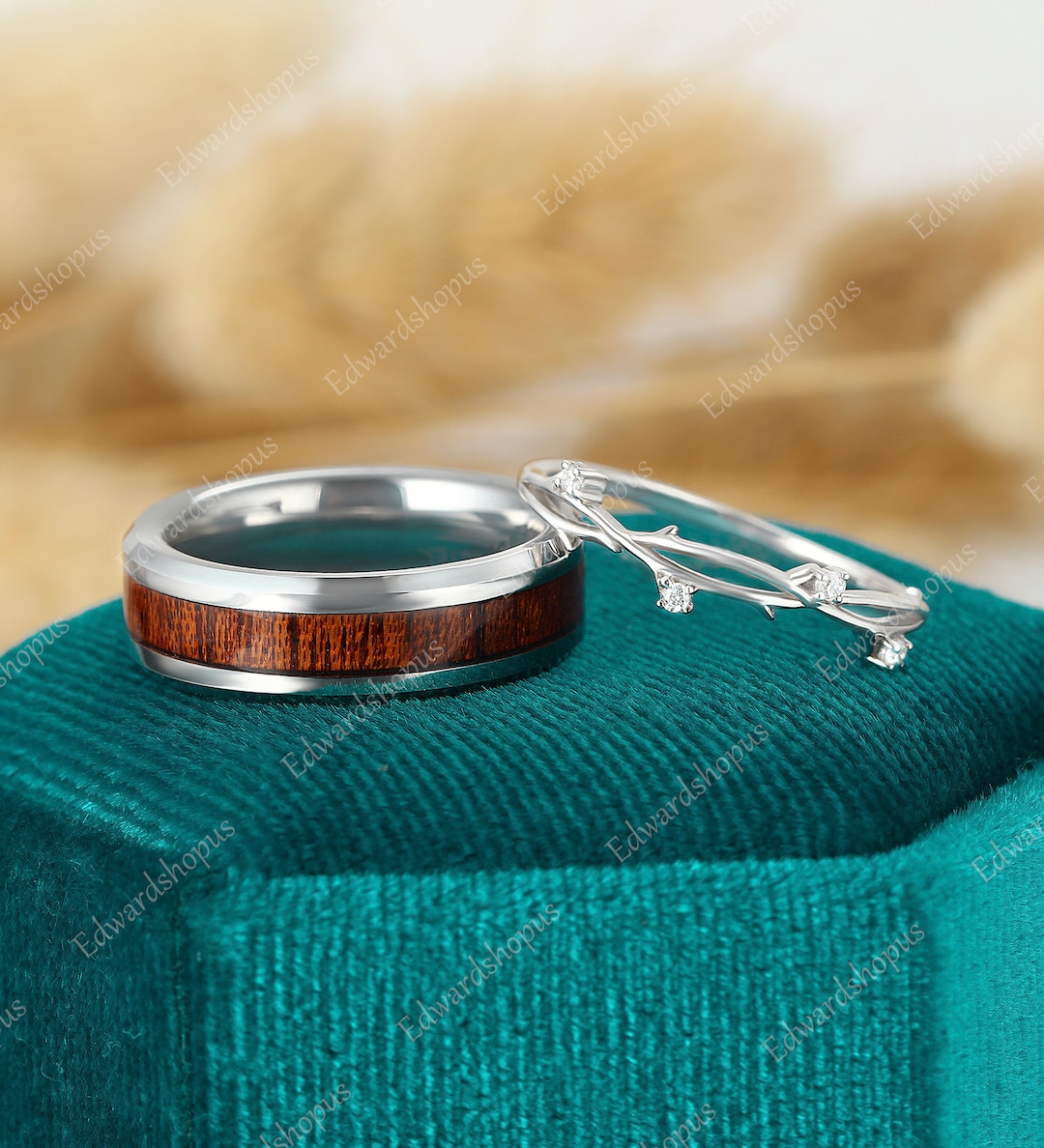 Tungsten Wooden Barrel Ring, Diamond Moissanite Wedding Band, Vintage ...