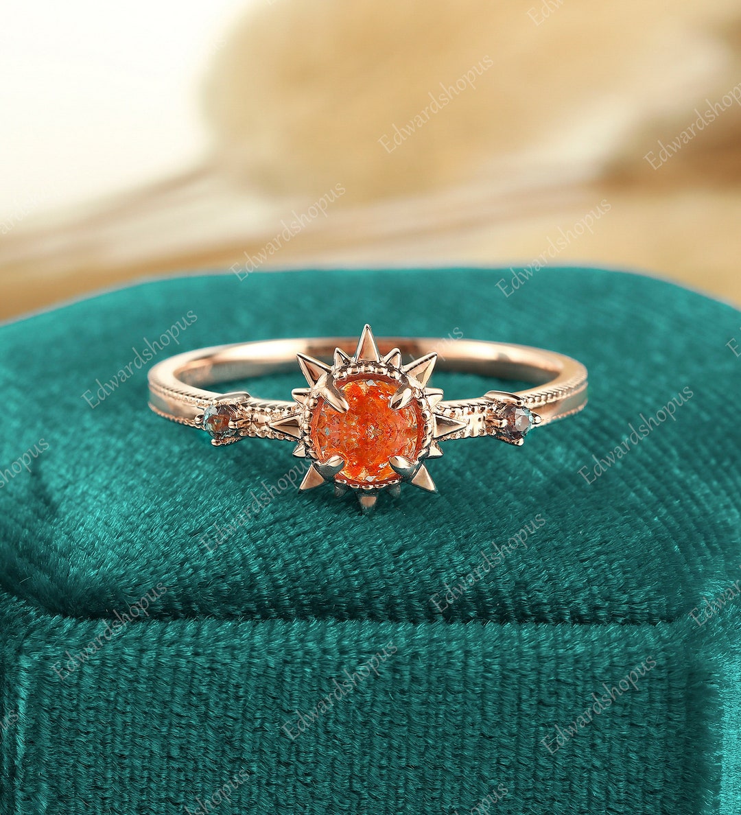 Unique Sunstone Engagement Ring Vintage Sun Ring Rose Gold Engagement ...