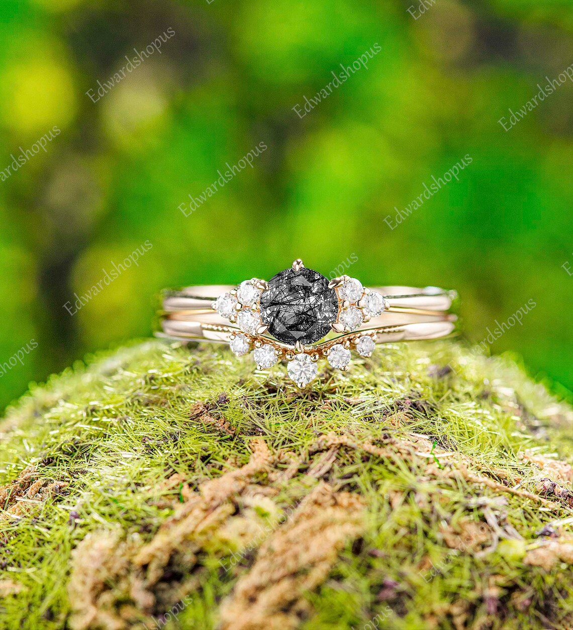 Black Rutilated Quartz Engagement Ring Set Vintage Engagement - Etsy