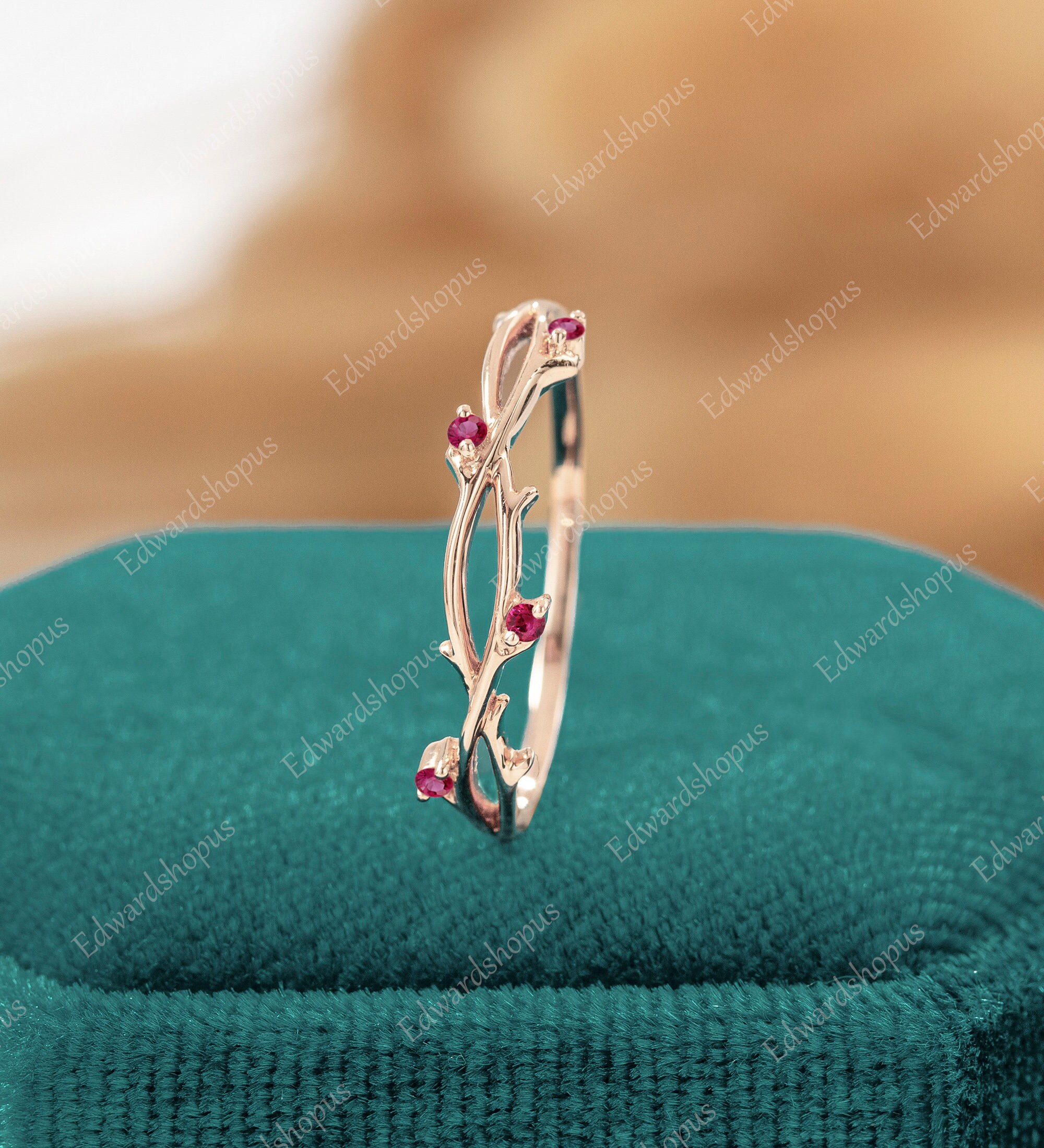 Vintage Ruby Wedding Band Art Deco Leaf Ring Minimalist Rose | Etsy