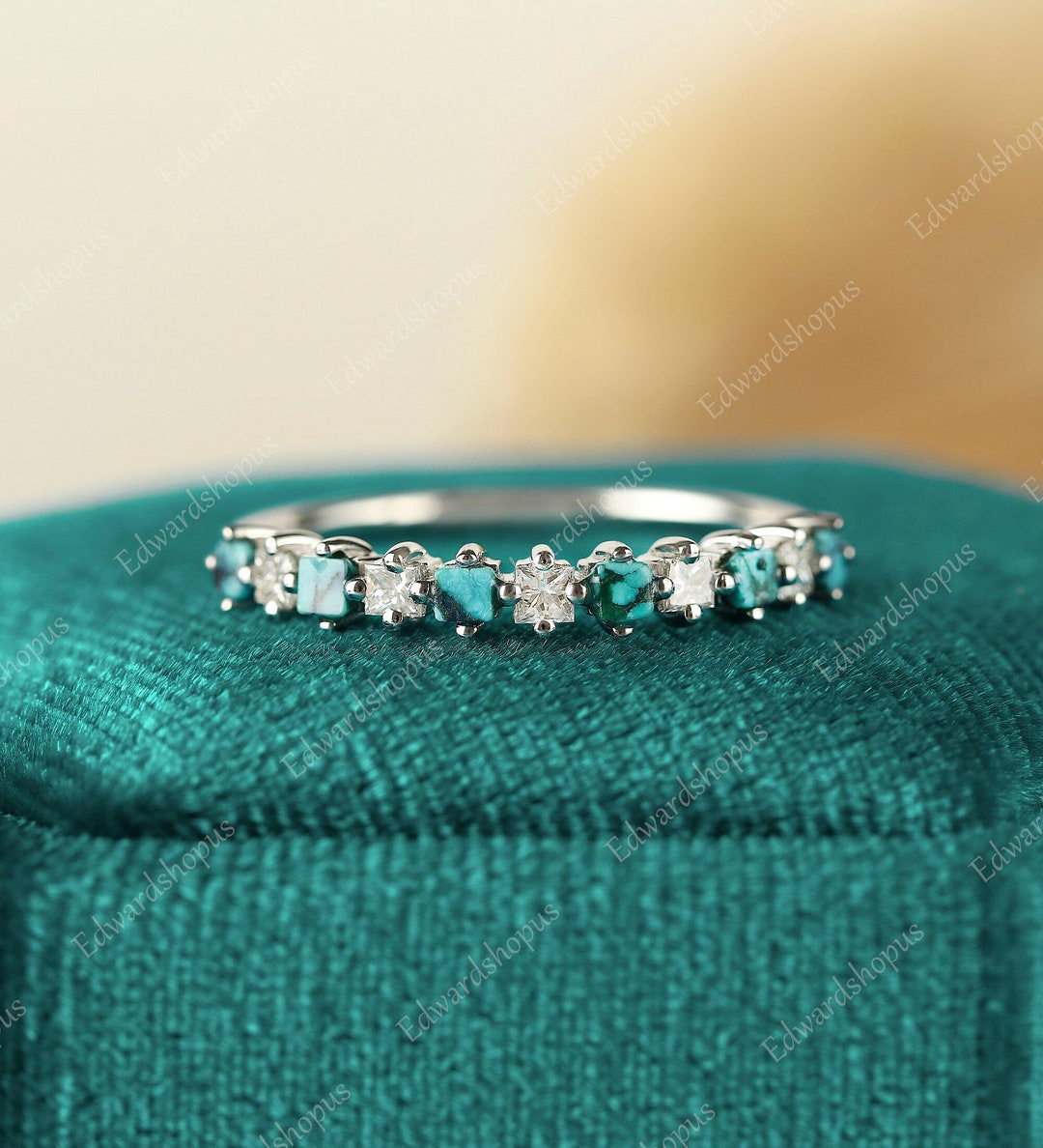 Princess Cut Turquoise Wedding Band Women Vintage Moissanite Half ...