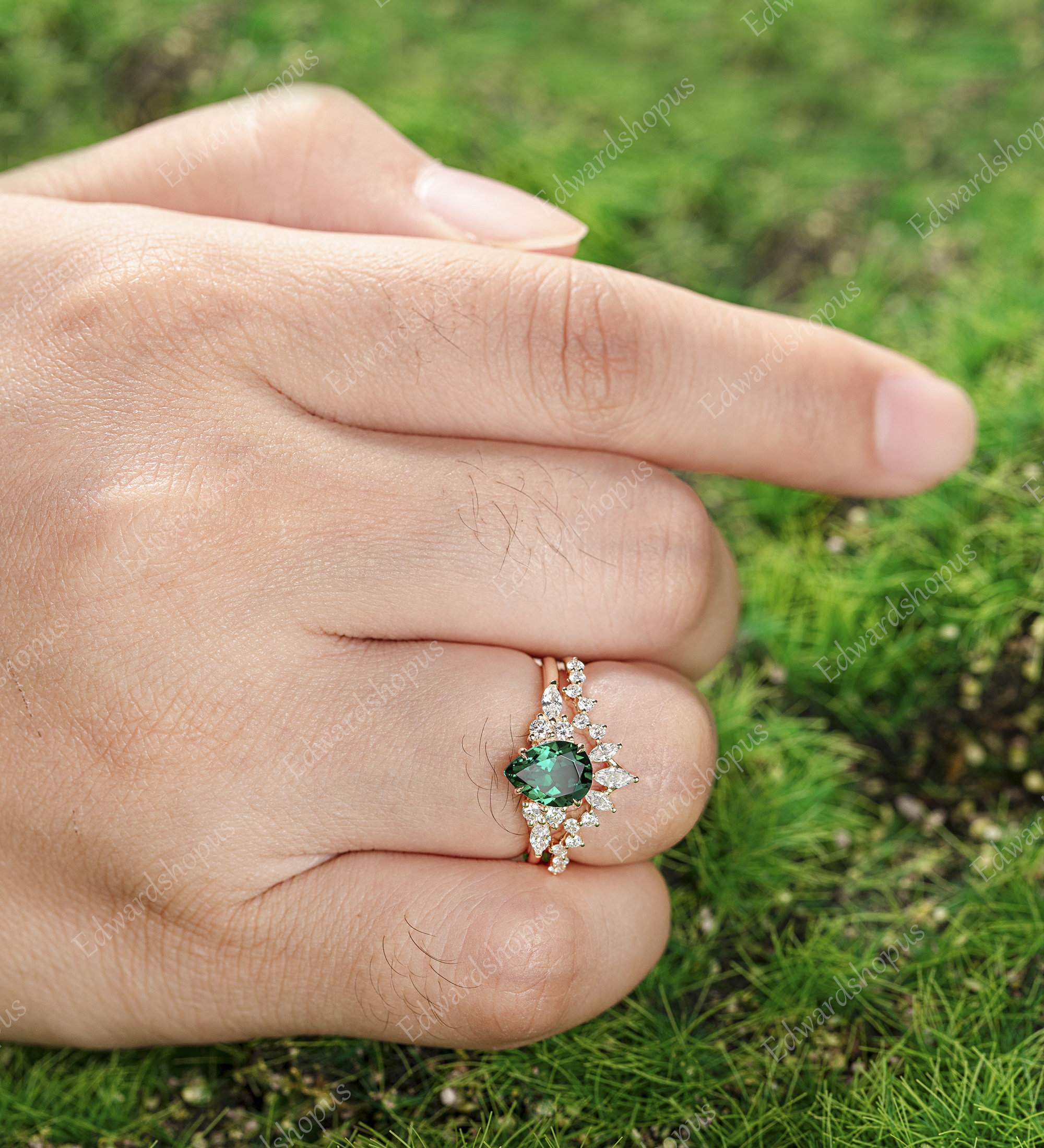 Emerald Engagement Ring Set Vintage Engagement Ring Unique Anniversary Gift for Her Diamond Bridal Set Art Deco Moissanite Yellow Gold Women