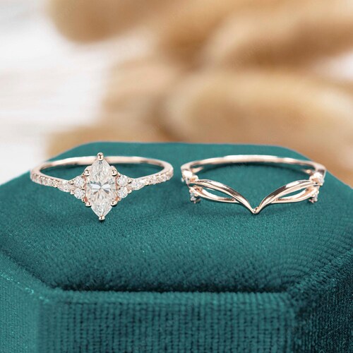Marquise Cut Moissanite Engagement Ring Set Unique Rose Gold - Etsy
