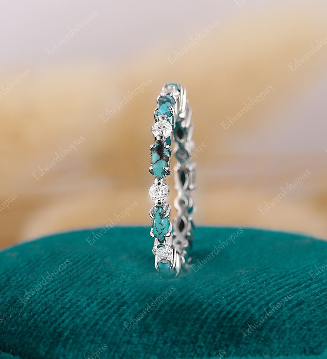 Full Eternity Turquoise Wedding Band Women Vintage Moissanite White ...