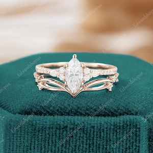 Vintage Moissanite Engagement Ring Set Marquise Cut Vintage Rose Gold ...