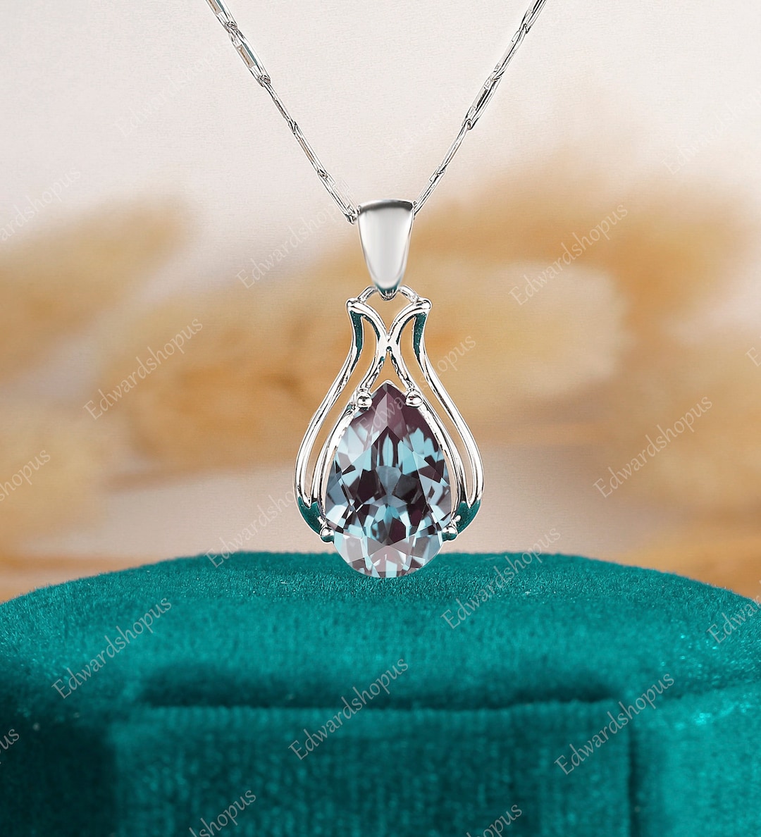 Pear Shaped Alexandrite Necklace, Unique Pear Cut Pendant, White Gold ...