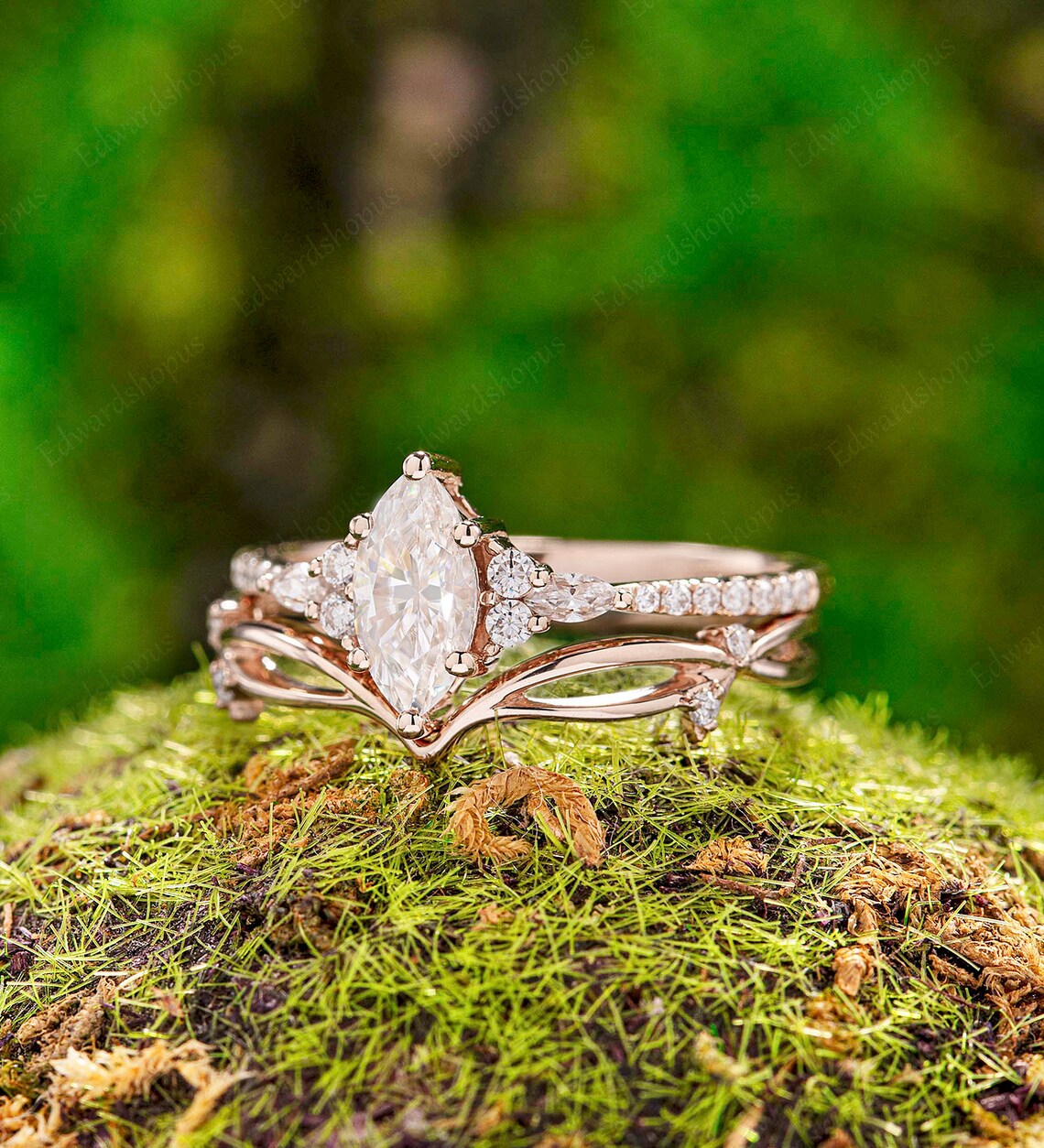 Vintage Moissanite Engagement Ring Set Marquise Cut Vintage - Etsy