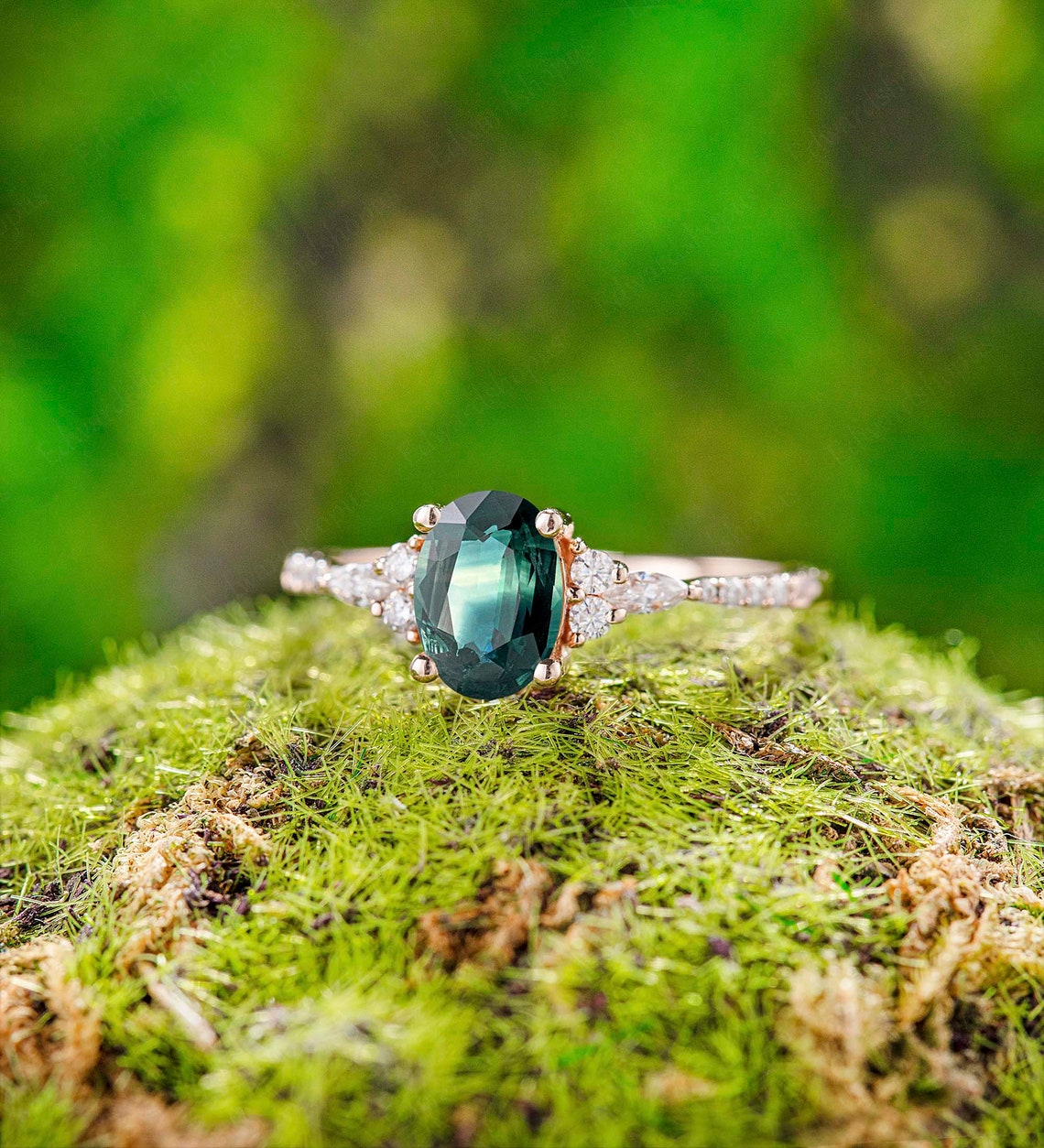Blue Green Sapphire Engagement Ring Unique Engagement Ring Vintage ...