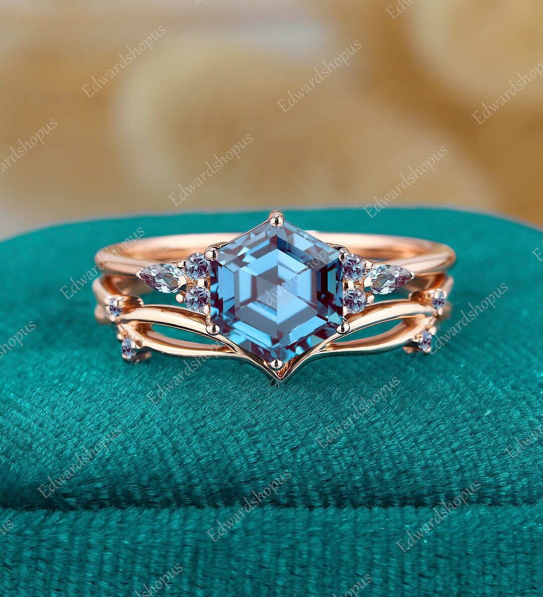 Hexagon Cut Alexandrite Engagement Ring Set, Women Rose Gold Marquise ...