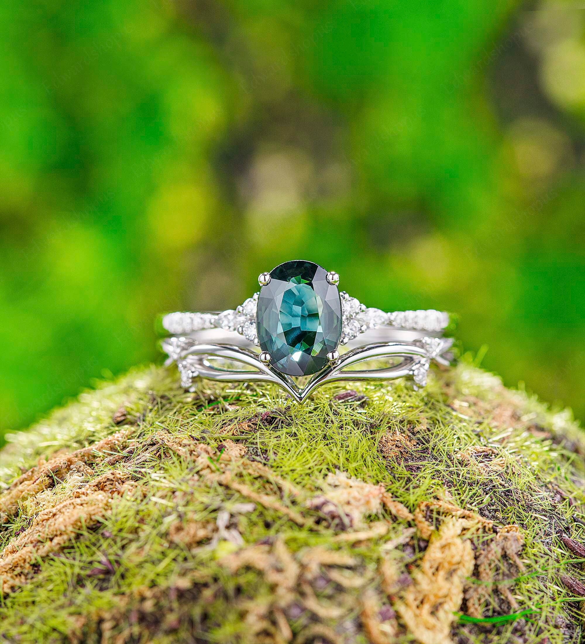 Blue Green Sapphire Engagement ring Unique Engagement ring set | Etsy