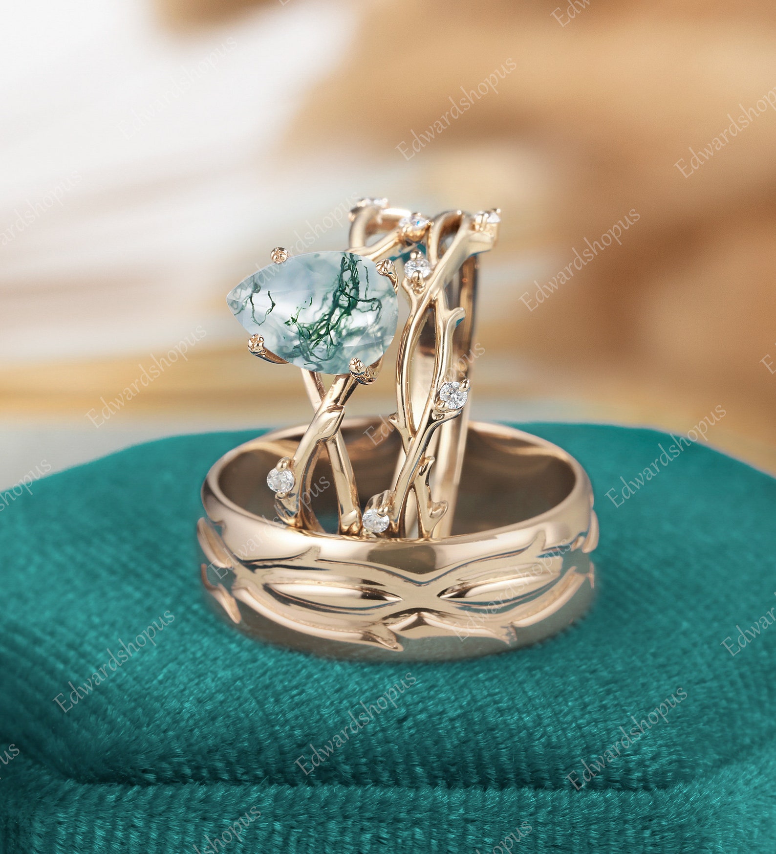 3pcs Couples Ring Set for Men and Women, Men Wedding Band, Moss Agate ...