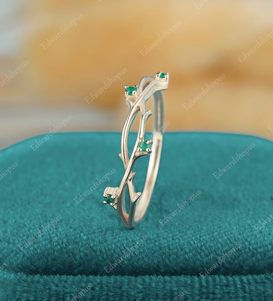 Vintage Emerald Wedding Band Art Deco Leaf Ring Minimalist Yellow Gold Ring Dainty Wedding Ring