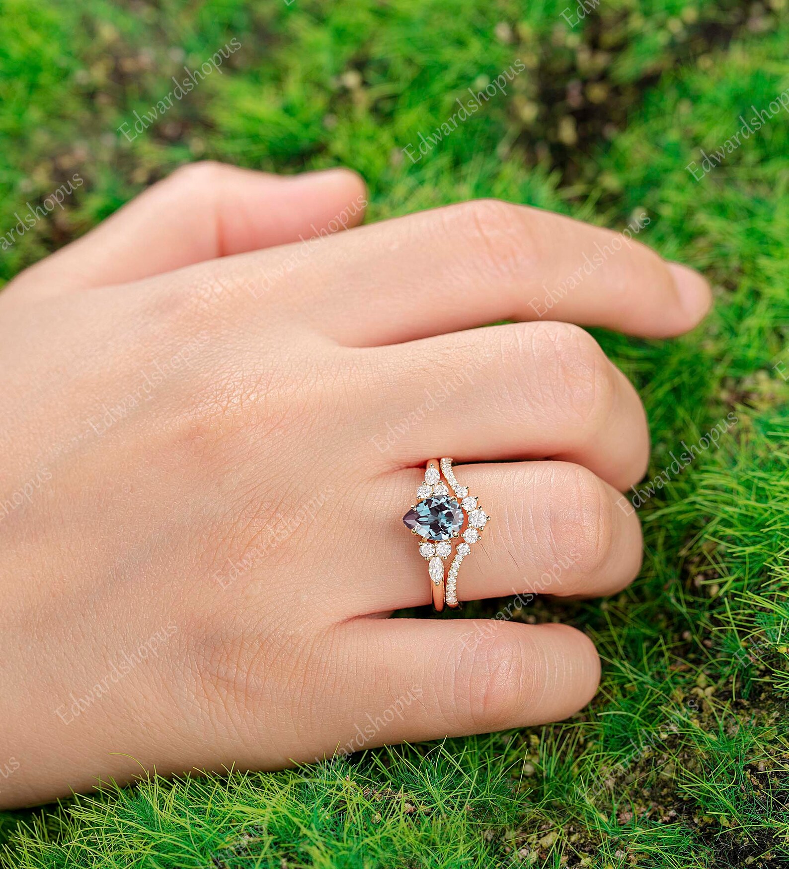 Vintage Unique Alexandrite Engagement Ring Set Pear Shaped for - Etsy