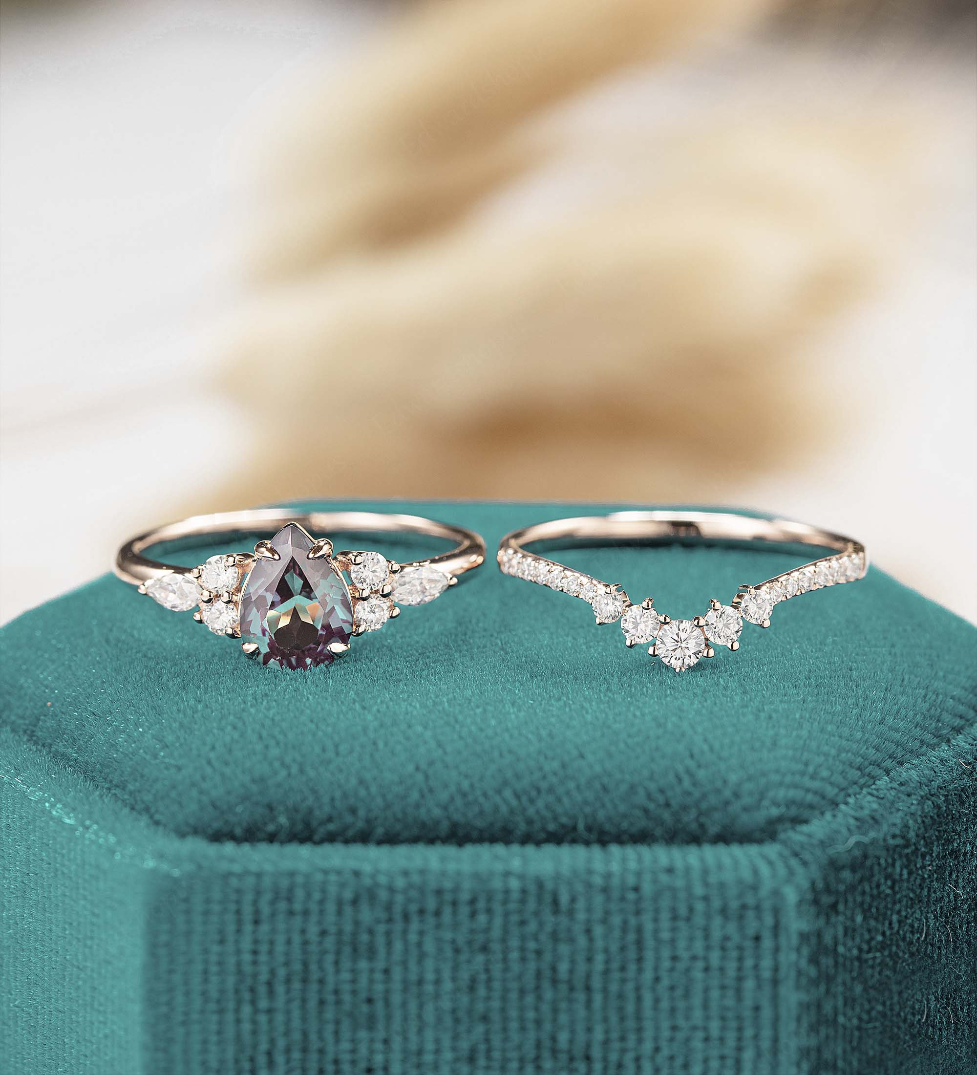 Alexandrite Engagement Ring Set Vintage Engagement Ring Unique - Etsy