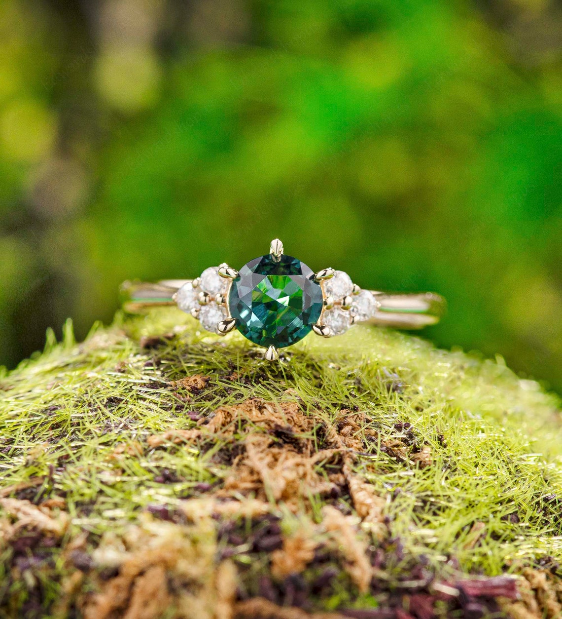 Blue green sapphire engagement ring vintage women Cluster | Etsy