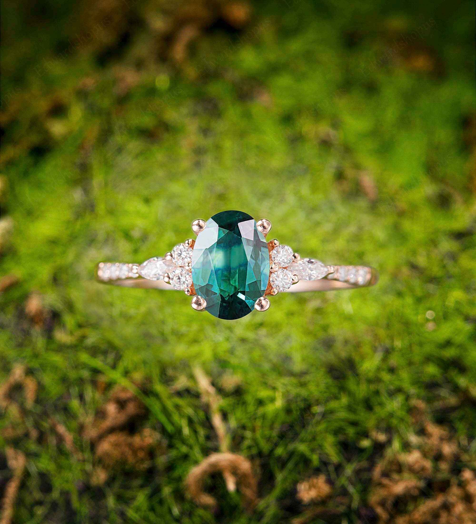 Blue Green Sapphire Engagement Ring Unique Engagement Ring Vintage ...