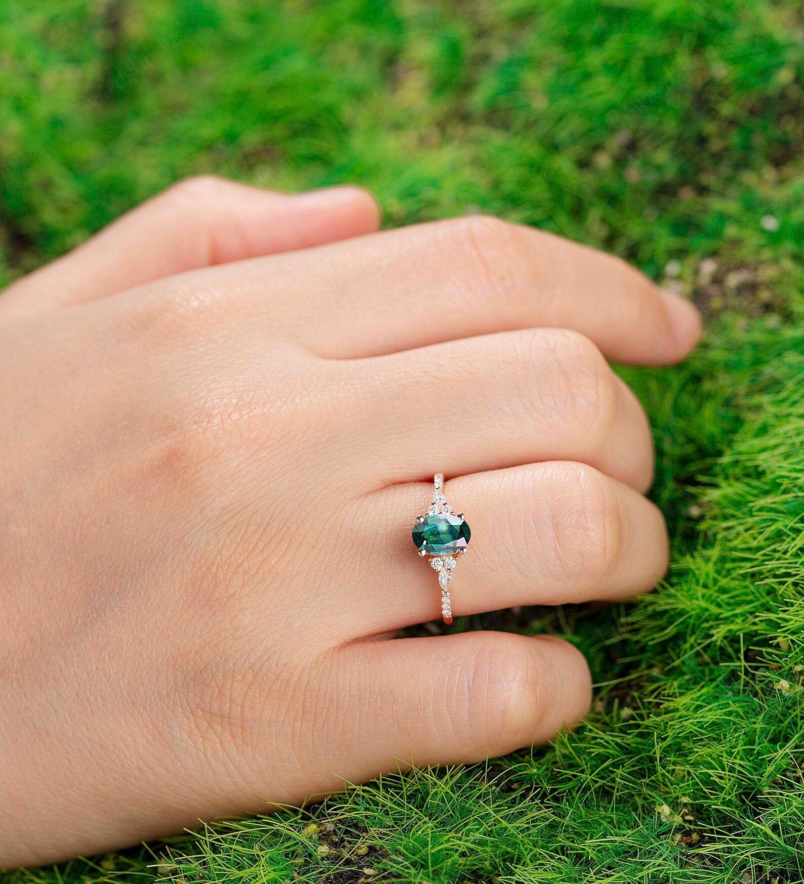 Blue Green Sapphire Engagement Ring Unique Engagement Ring Vintage ...