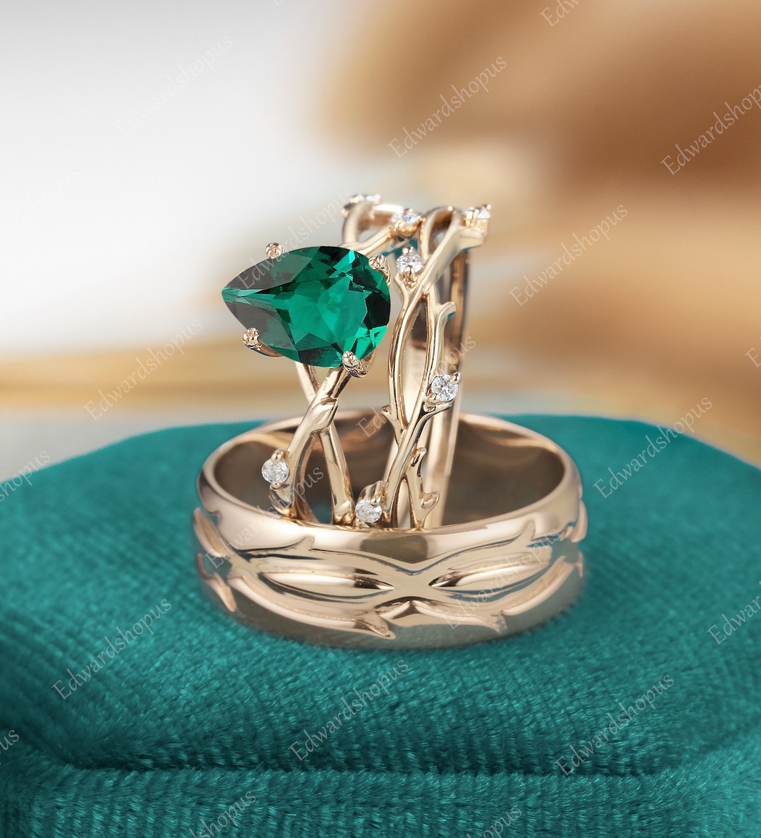 3pcs Couples Ring Set for Men and Women, Emerald Engagement Ring Set ...
