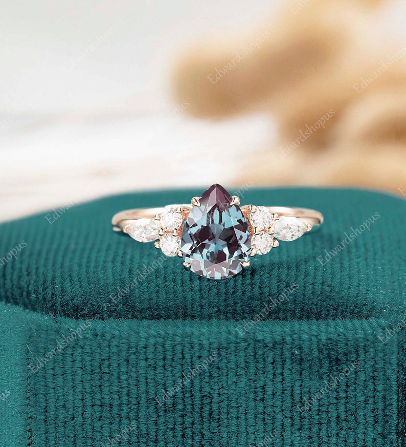 Vintage Alexandrite Engagement Ring Set Pear Shaped Women Rose - Etsy