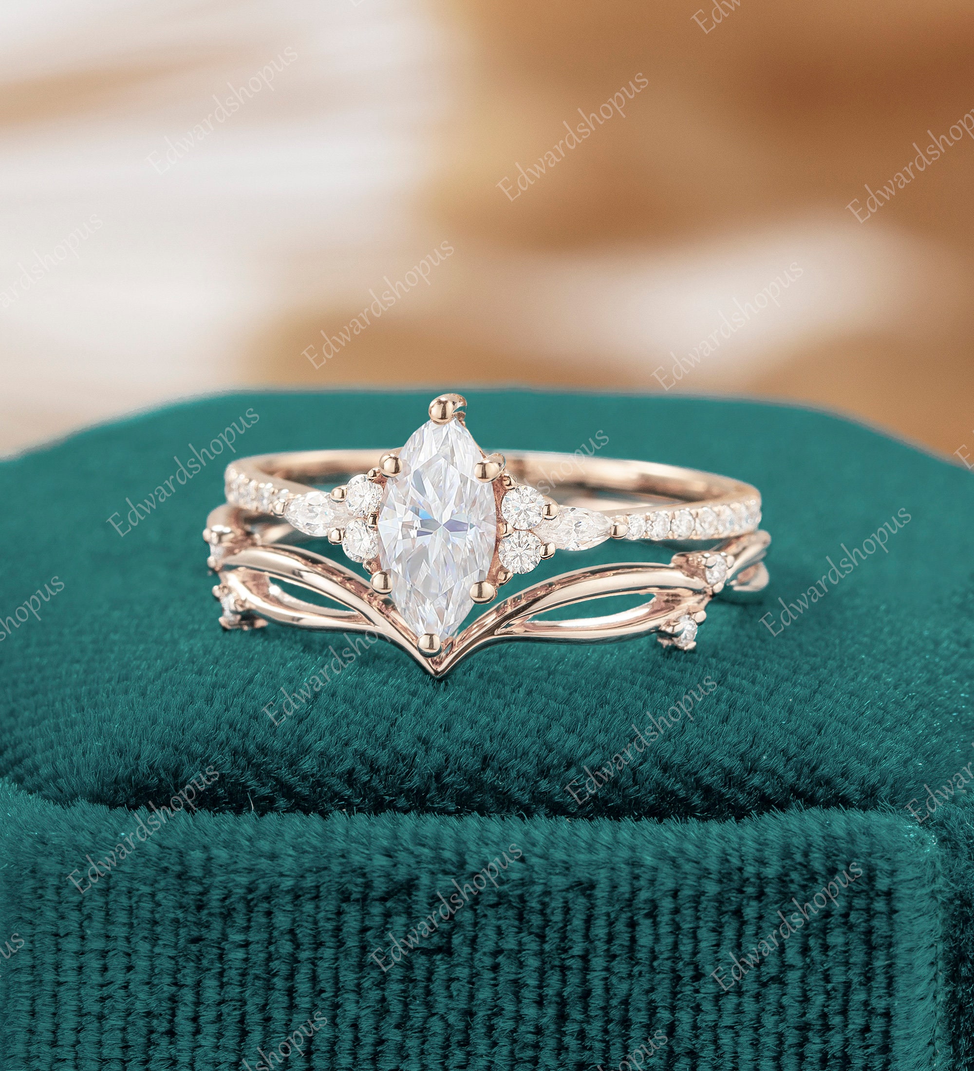 Vintage Moissanite Engagement Ring Set Marquise Cut Vintage | Etsy