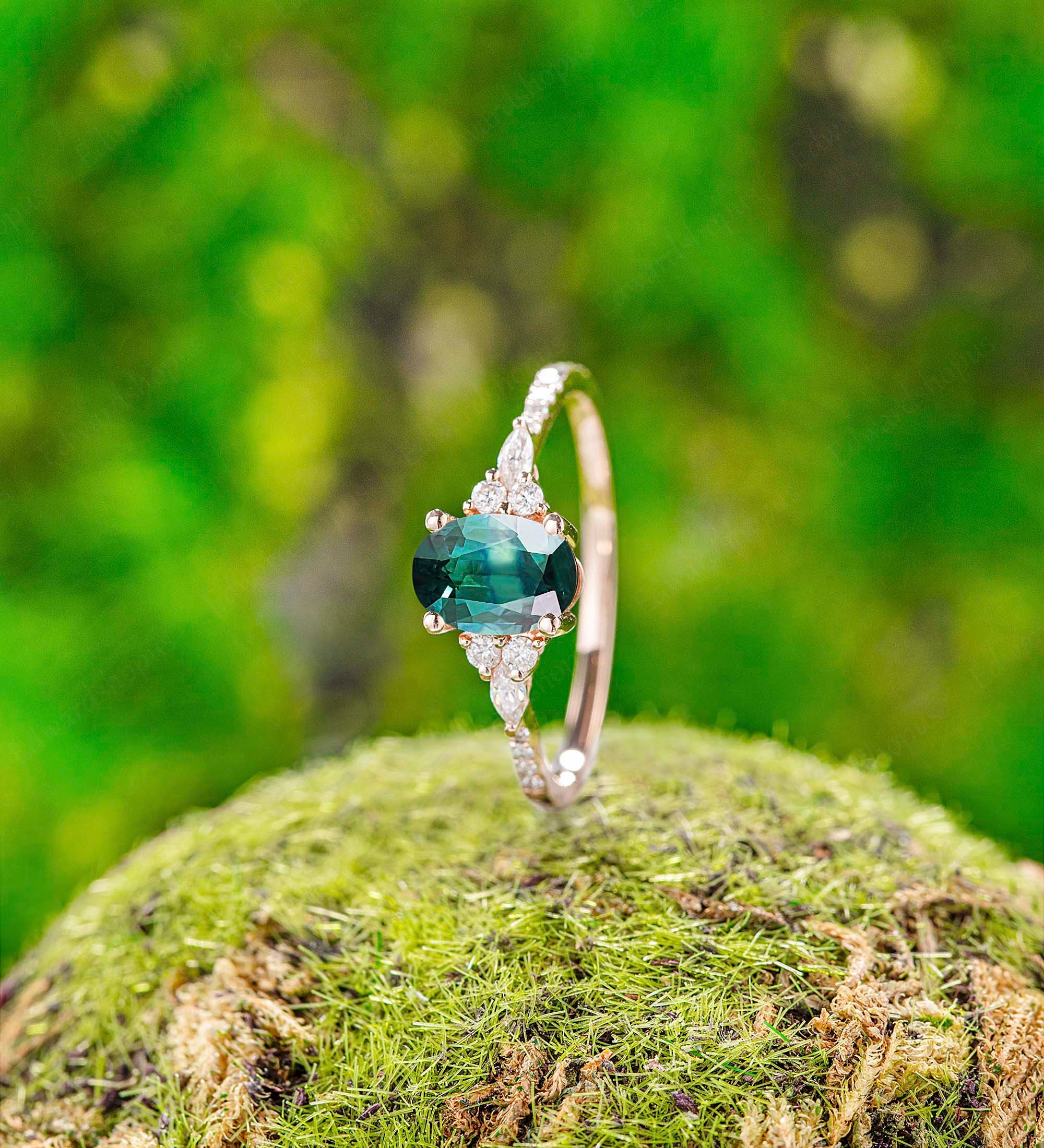 Blue Green Sapphire Engagement Ring Unique Engagement Ring Vintage ...